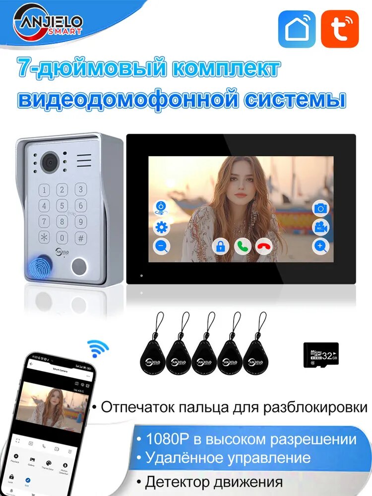 Уличная панель видеодомофона 4-проводная, 2MP камера, отпечаток пальца, пароль, RFID