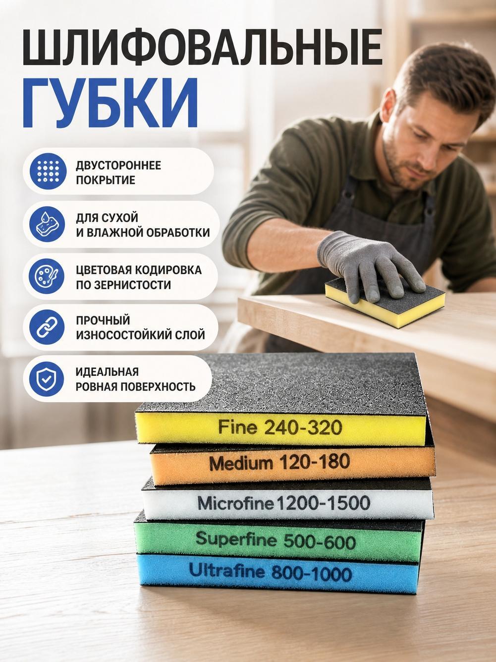 Набор из 5 цветных двусторонних матовых губчатых блоков для шлифовки и полировки.