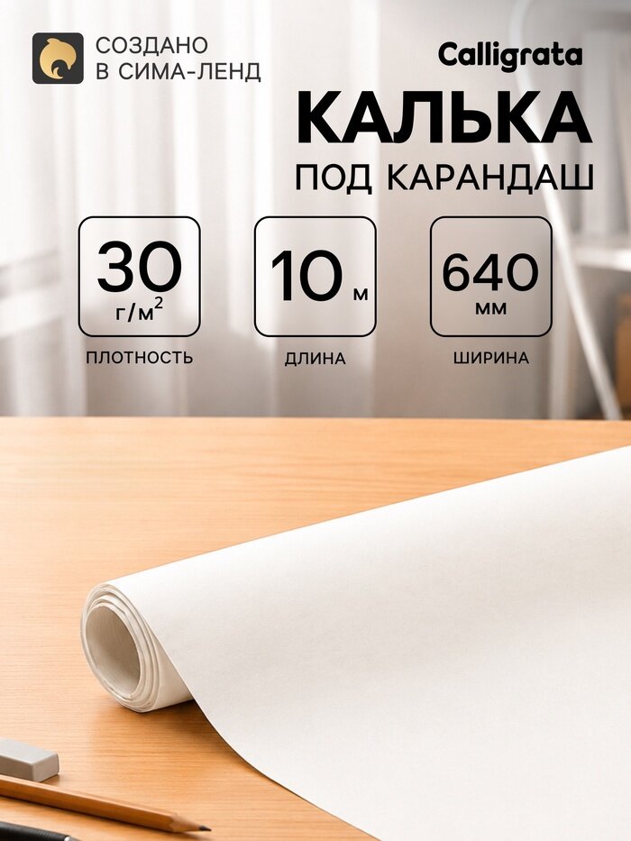 Калька чертёжная под карандаш, ширина 640 мм, в рулоне 10 метров, 30 г/м², в ПП плёнке