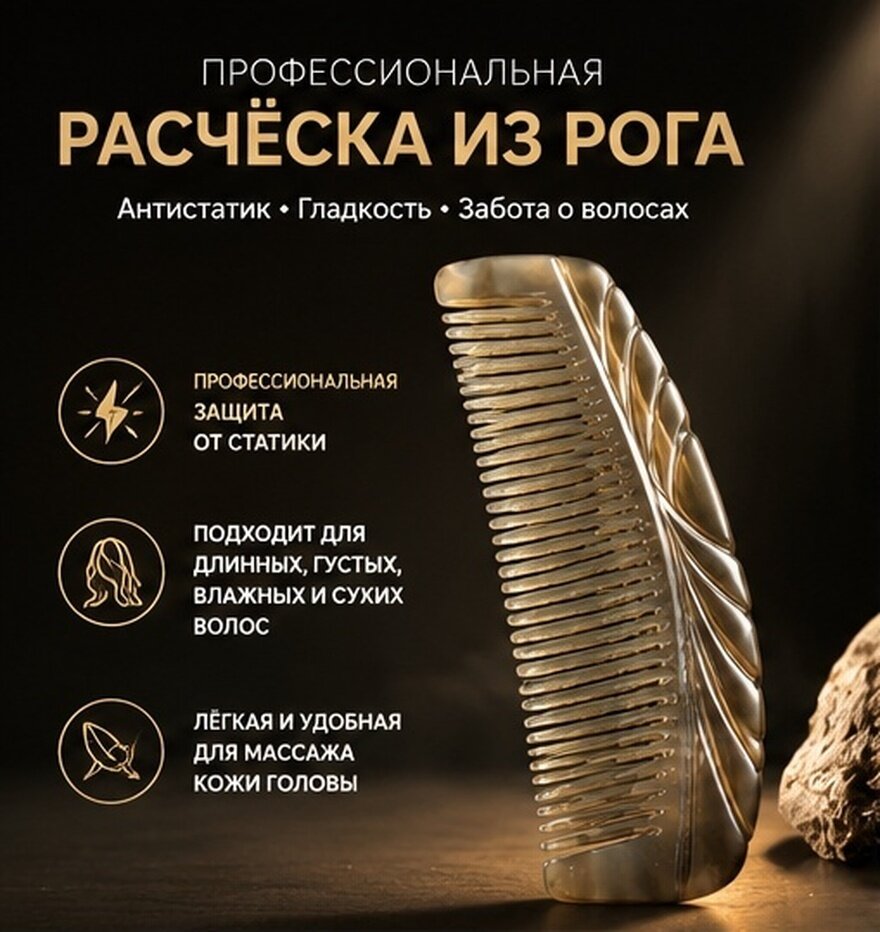 Массажная Расческа Для Ухода За Волосами Из Натурального Бычьего Рога 15x5Cm
