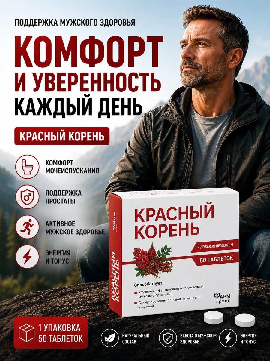 Красный корень для мужчин. 50 таблеток для комплексного лечения простаты и поддержки мочеполовой системы мужчин.