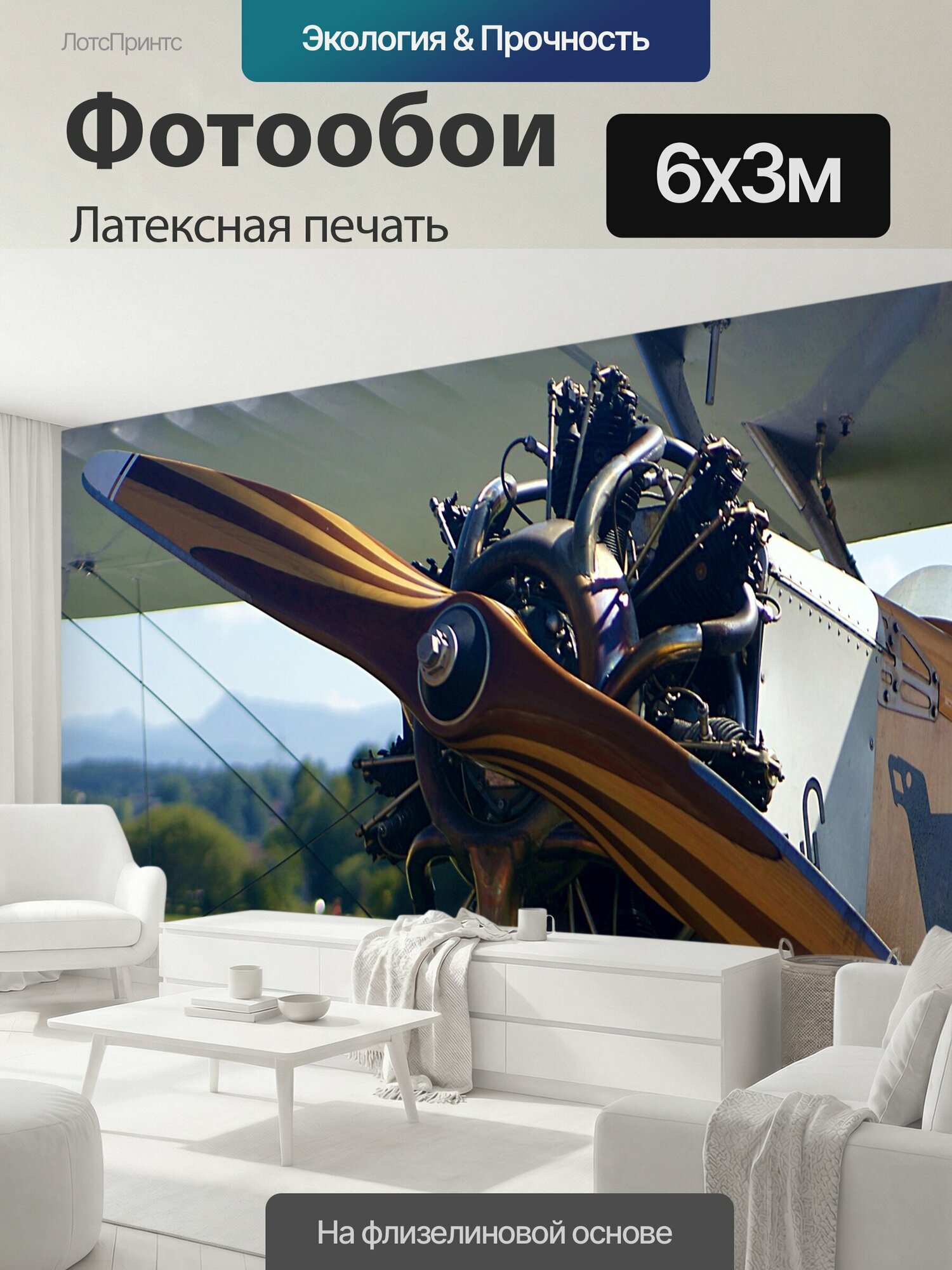 Фотообои моющиеся ударопрочные "Самолет, двигатель, пропеллер" 600x300 см. латексная печать