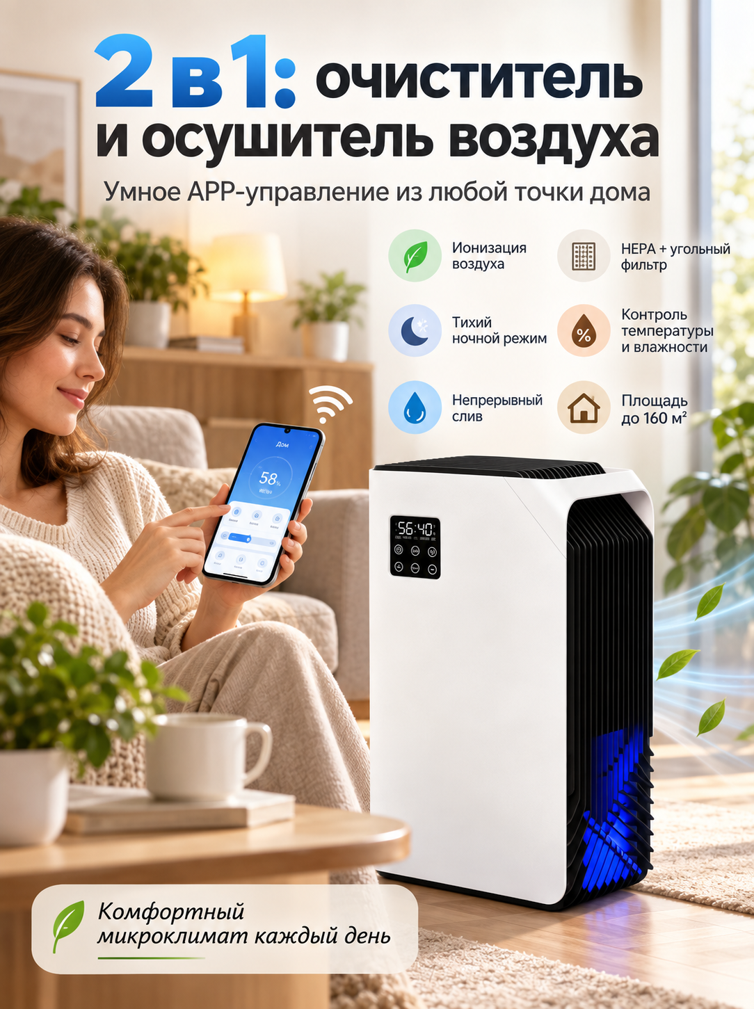 Осушитель очиститель воздуха 2 в 1 hepa h13 отрицательные ионы тихая работа умный с приложением для спальни и ванной