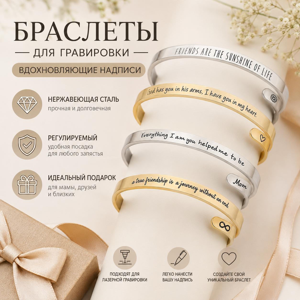 Набор из 6 шт. регулируемых металлических браслетов для гравировки с вдохновляющими надписями, заготовки для персонализации, серебристый и золотистый цвет, подарок для мамы, друзей и близких