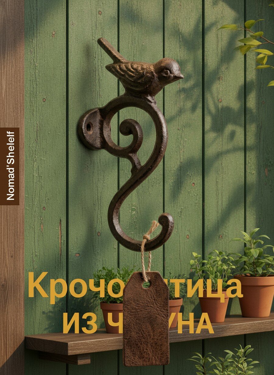 Крючок настенный чугунный винтажный с декором птицы для одежды ключей цветов крепеж на стену темно-коричневый