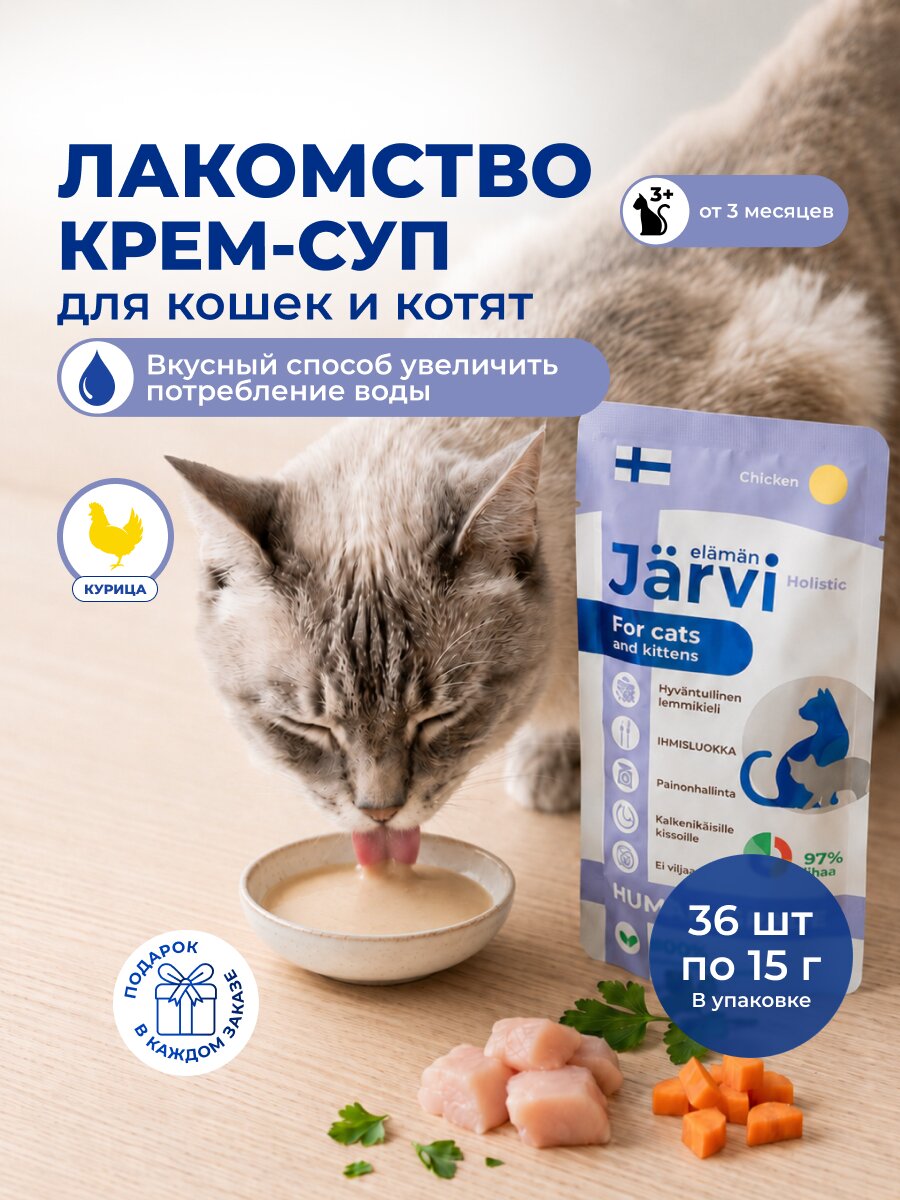 Лакомства Jarvi для кошек и котят "Крем-суп с филе курицы", 15 г х 36 шт.