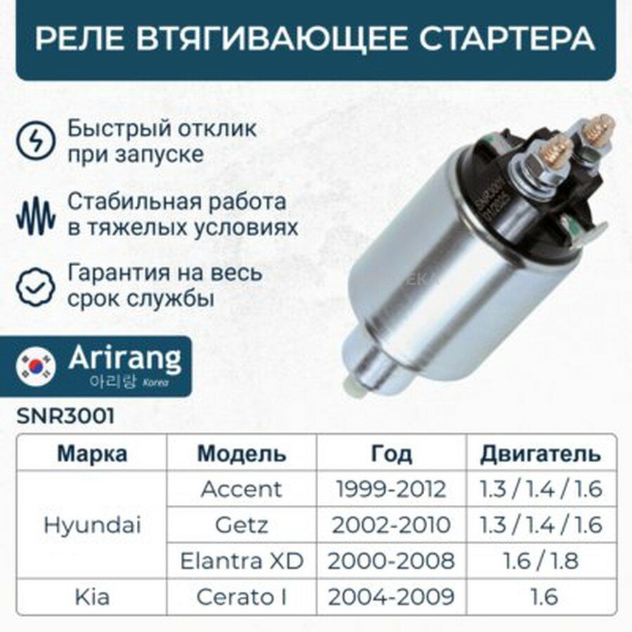 Реле втягивающее стартера Hyundai (Getz Accent Elantra/Lantra Santa Fe Tucson Sonata EF)) ARIRANG SNR3001