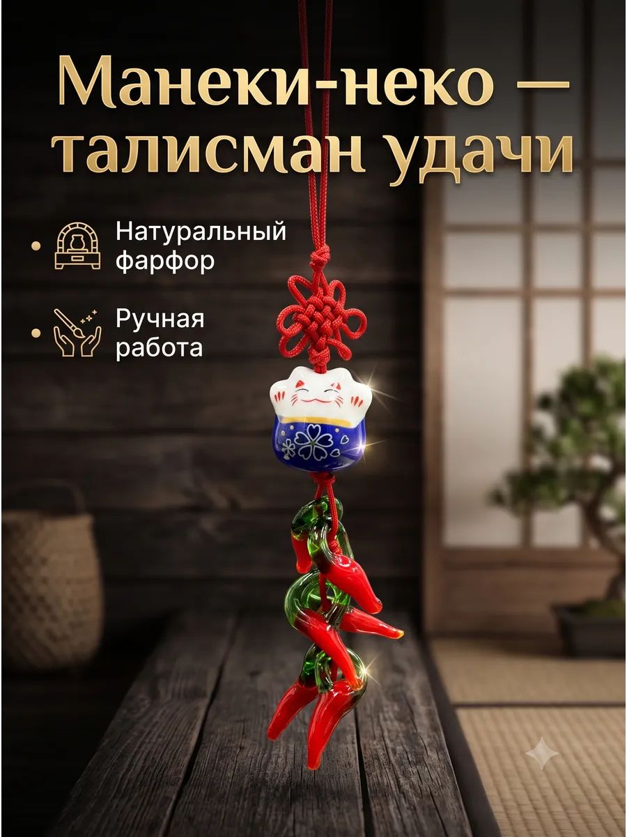 Подвеска оберег Манеки-неко: талисман удачи , 13 см.