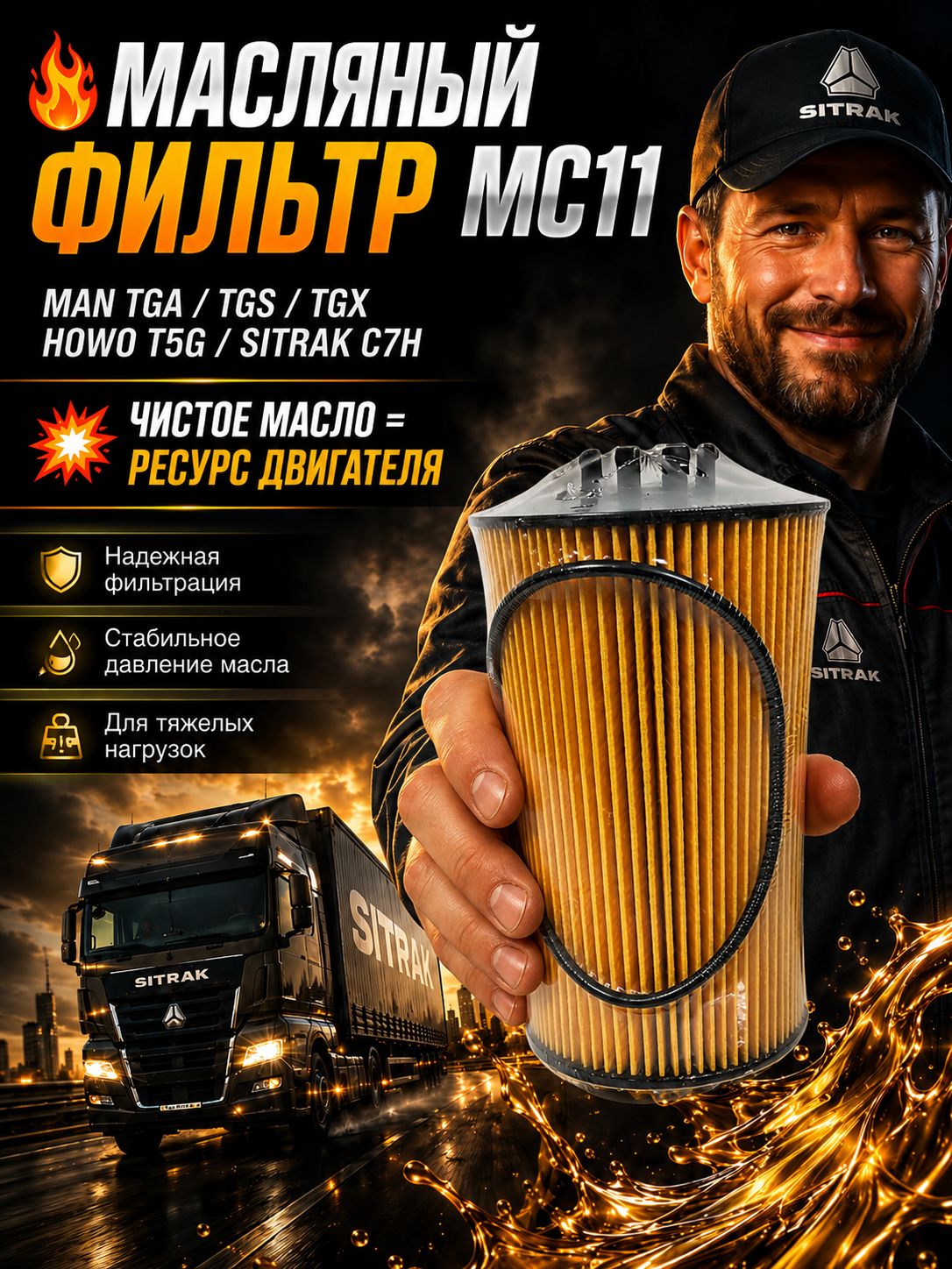 Фильтр масляный 200V05504-0122 дв. MC11 MAN TGA, TGS, TGX / HOWO T5G / Sinotruk Sitrak C7H