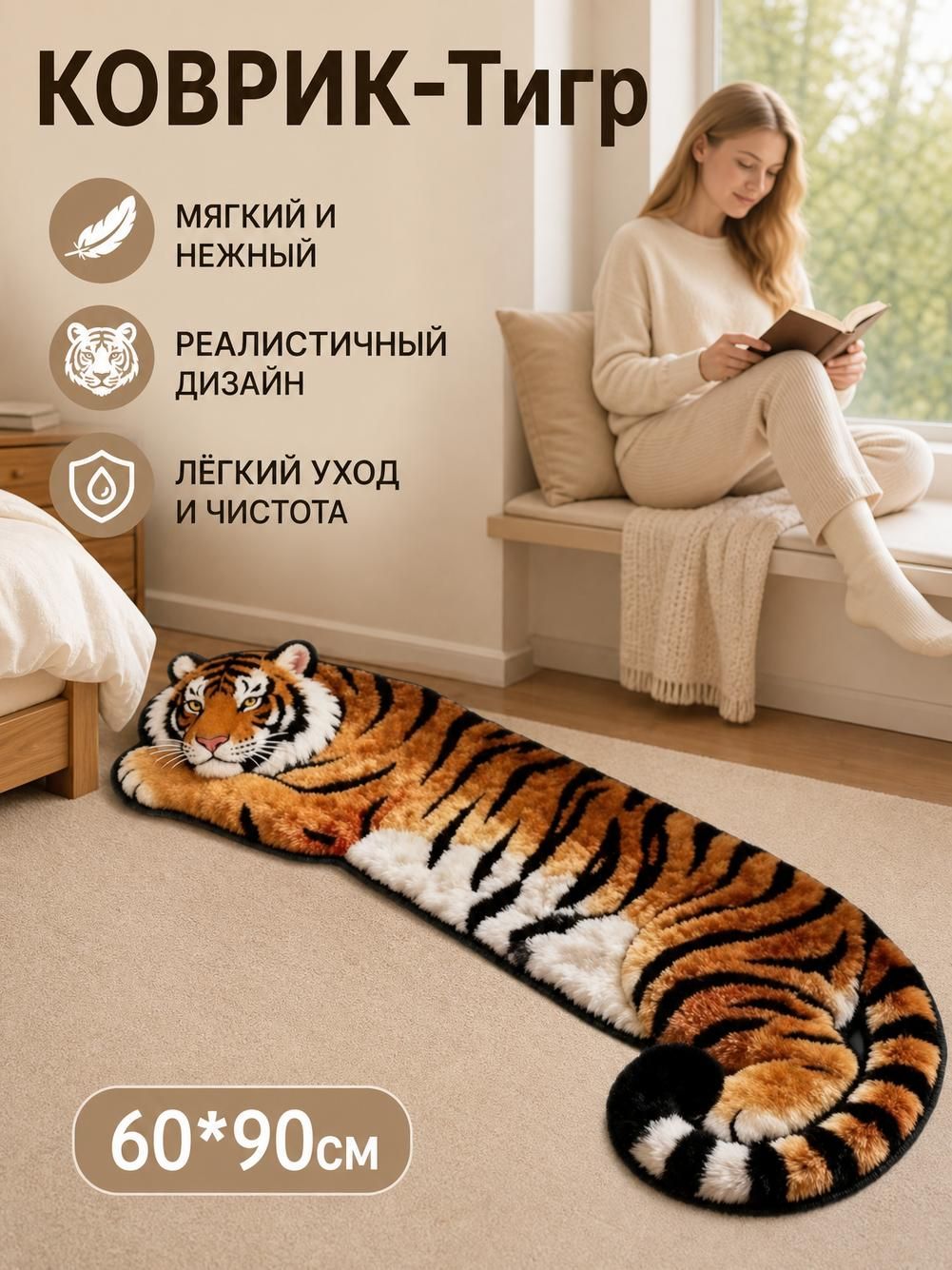 Коврик из искусственного кашемира с тигровым принтом, 60x90 см