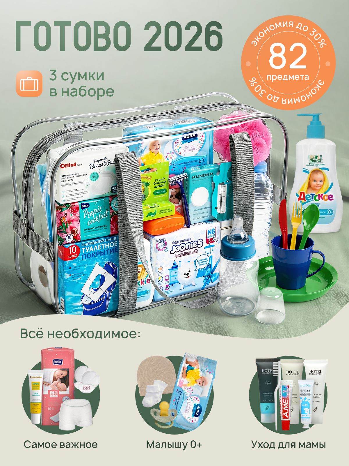 Готовая сумка в роддом для малыша и мамы (82 предмета)