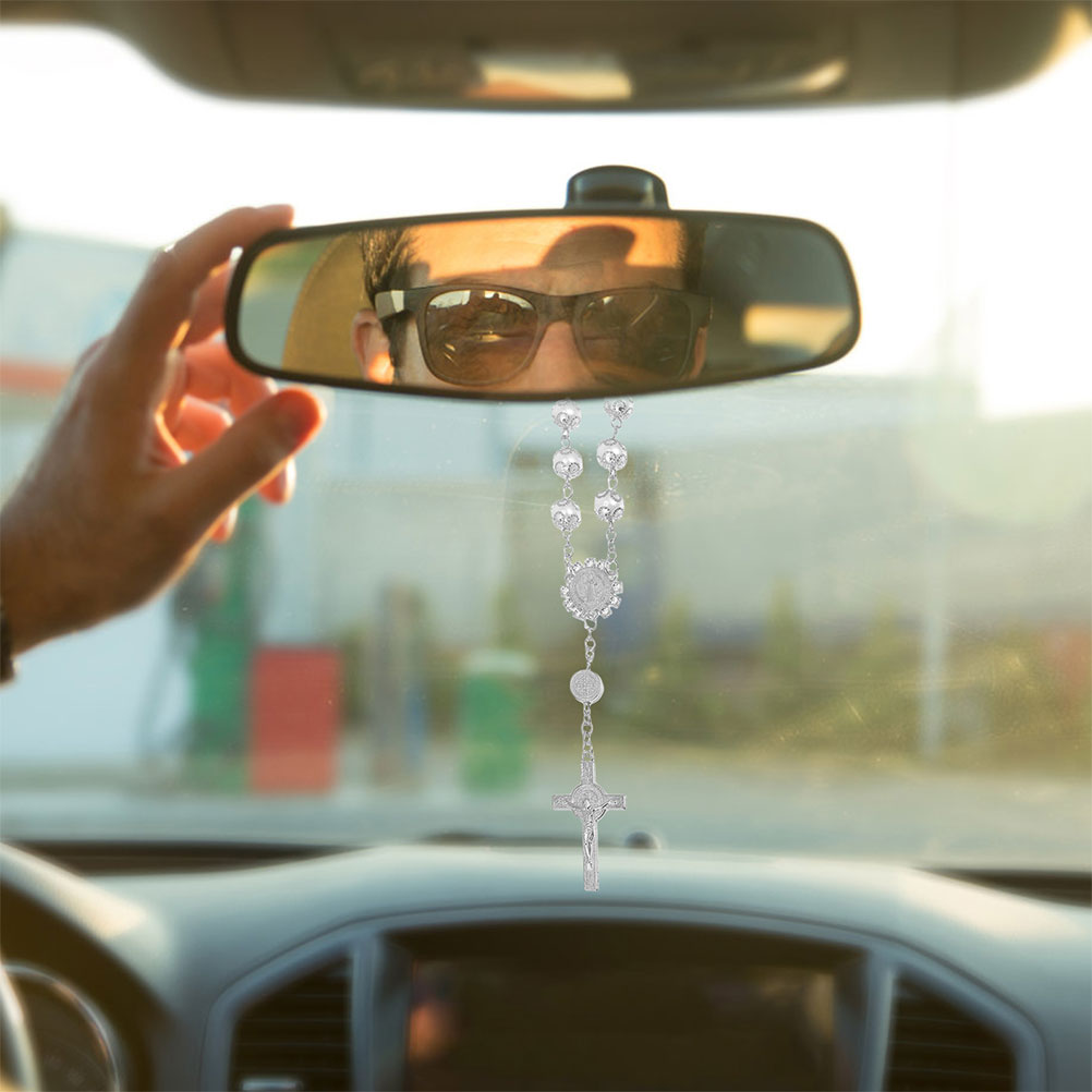Красивый Крест Для Вешания На Зеркало Rearview 2 Шт Серебряная Оправа Имитация Жемчуга Размер 18.00X9.00X0.80Cm