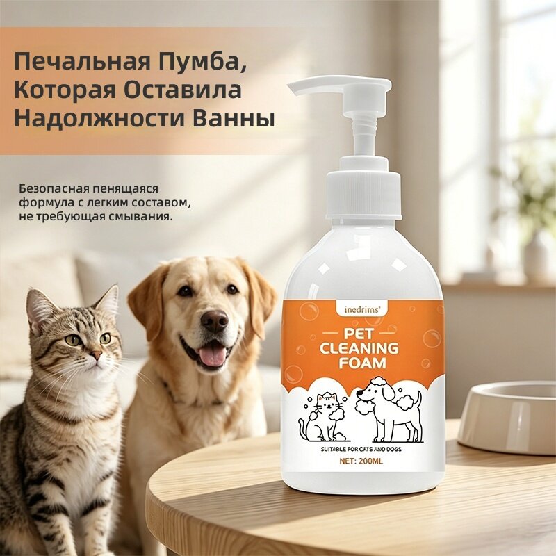 Пена для сухой чистки шерсти кошек и собак без смывания, глубокая очистка, увлажнение и свежий аромат, смягчает и придает блеск, растительная основа, 200 мл