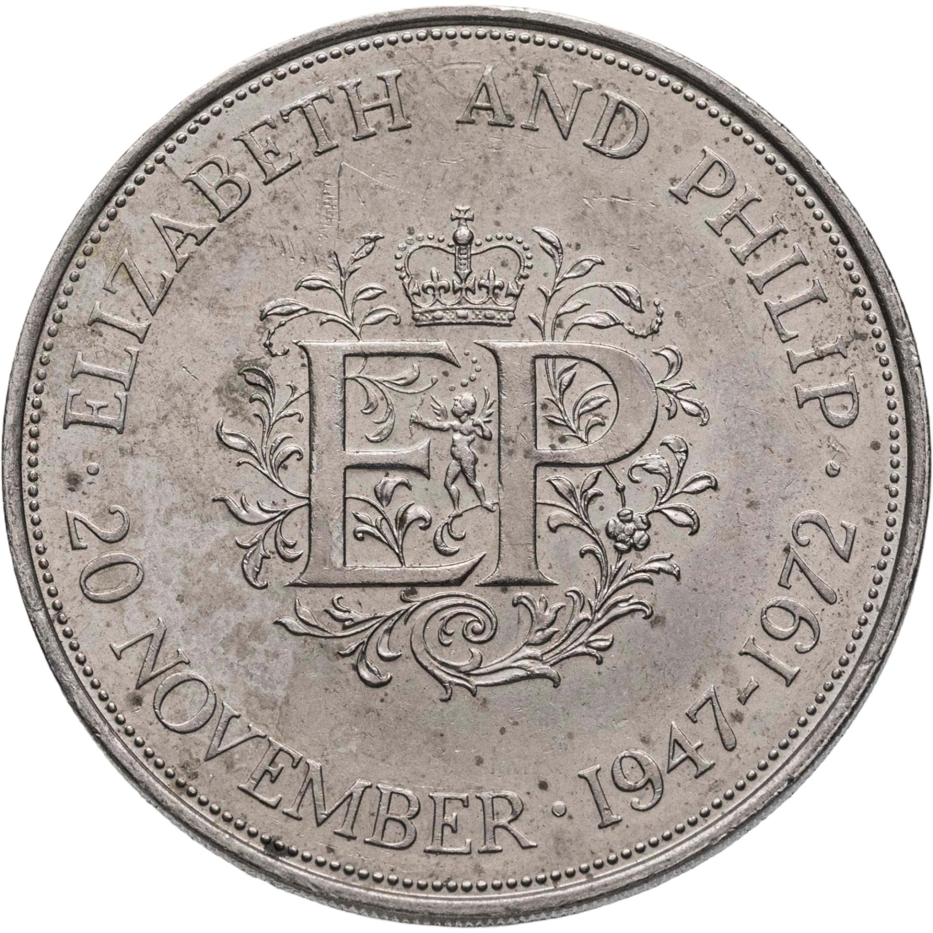 Великобритания 25 пенсов pence 1972 "Королевская серебряная свадьба", Мельхиор медь-никель, в сохранности XF-AU