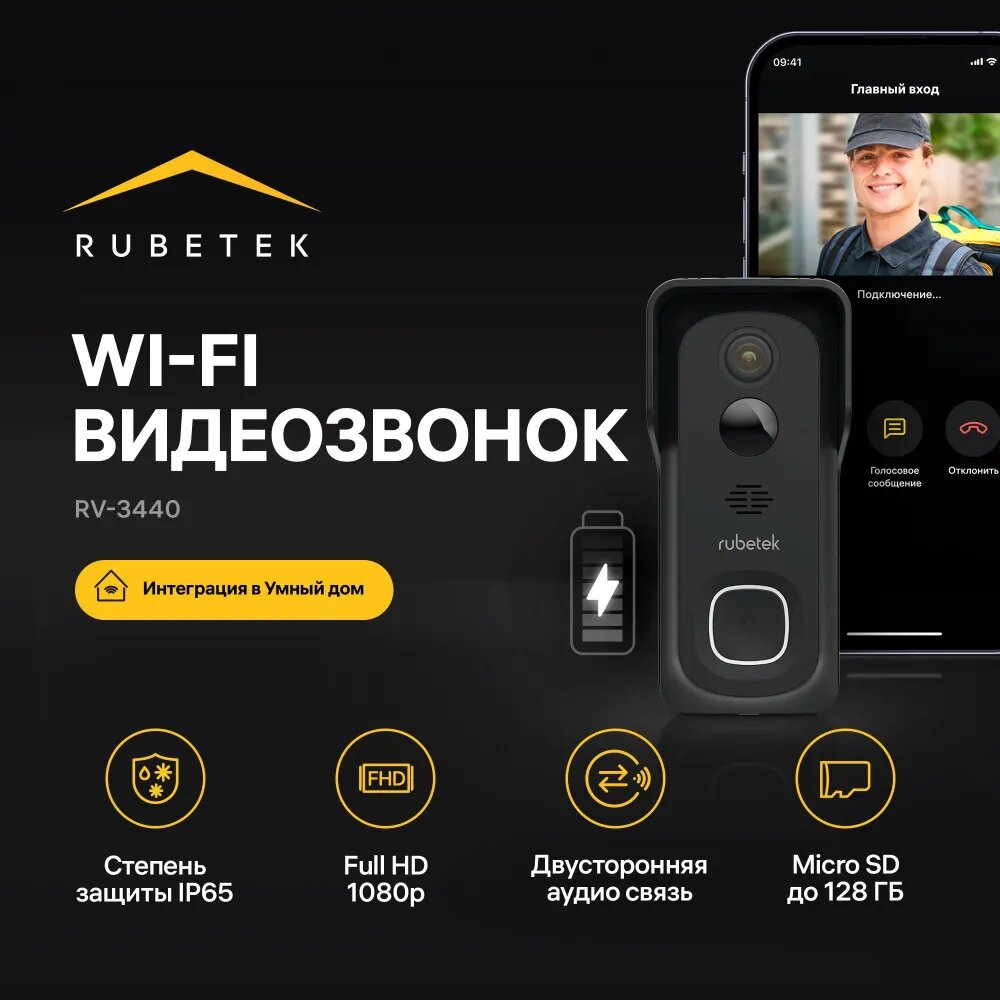 IP-Видеодомофон/Видеозвонок с Wi-Fi для входной двери с резервным питанием и картой памяти RV-3440 без понижающего трансформатора 12-24 В