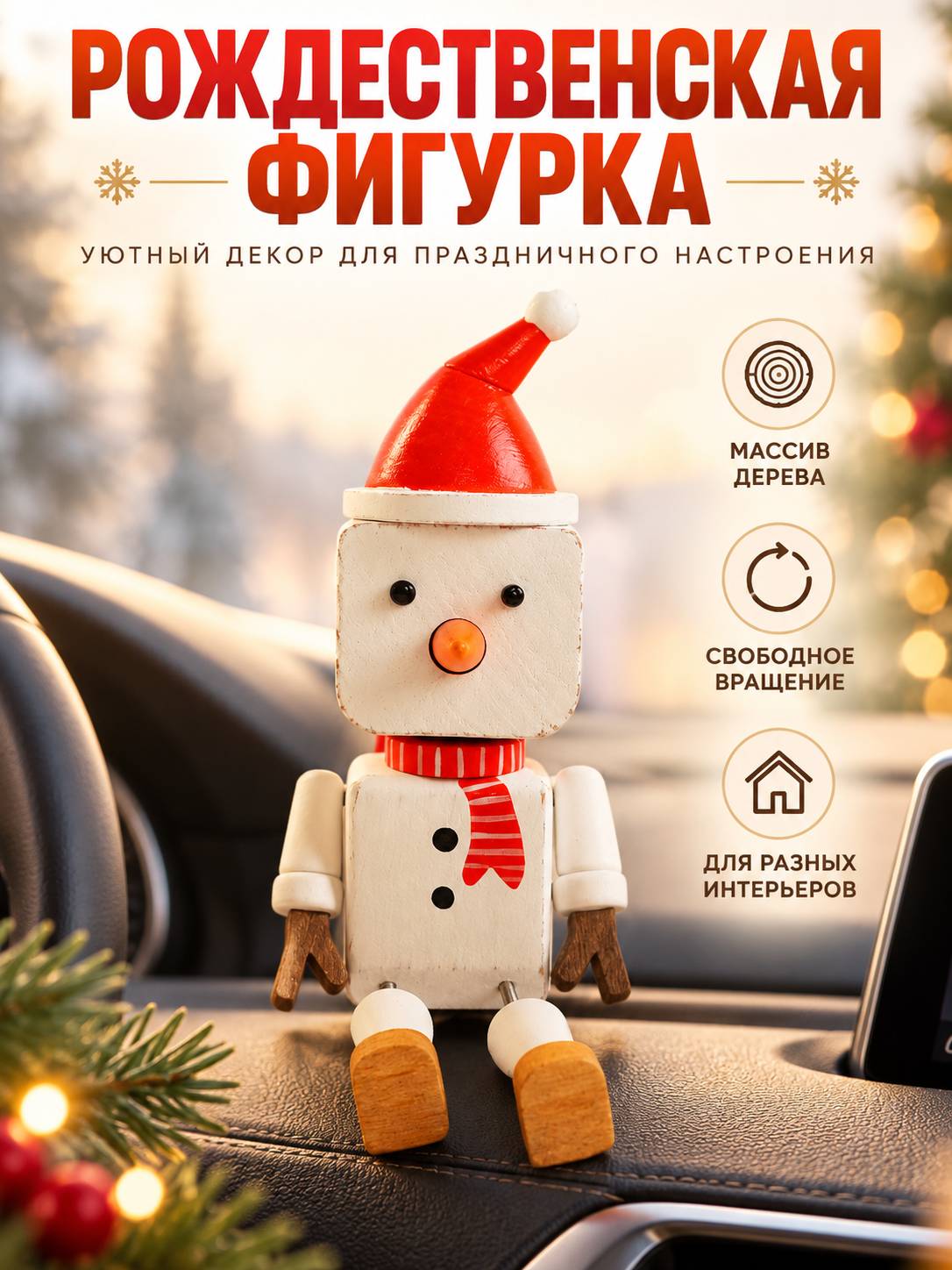 Рождественская фигурка деревянная подвижная, новогодний декор для дома и салона автомобиля