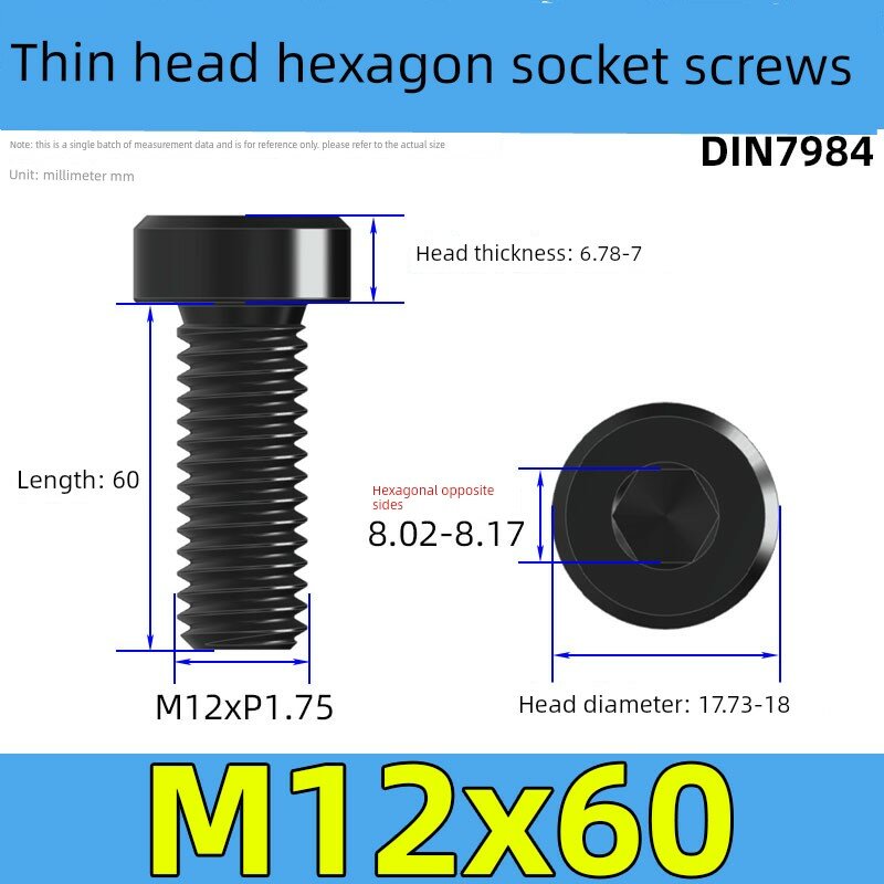 Сертификат DIN 7984, сталь 12.9 класса, шестигранный болт М12 x 60мм (2 шт.)