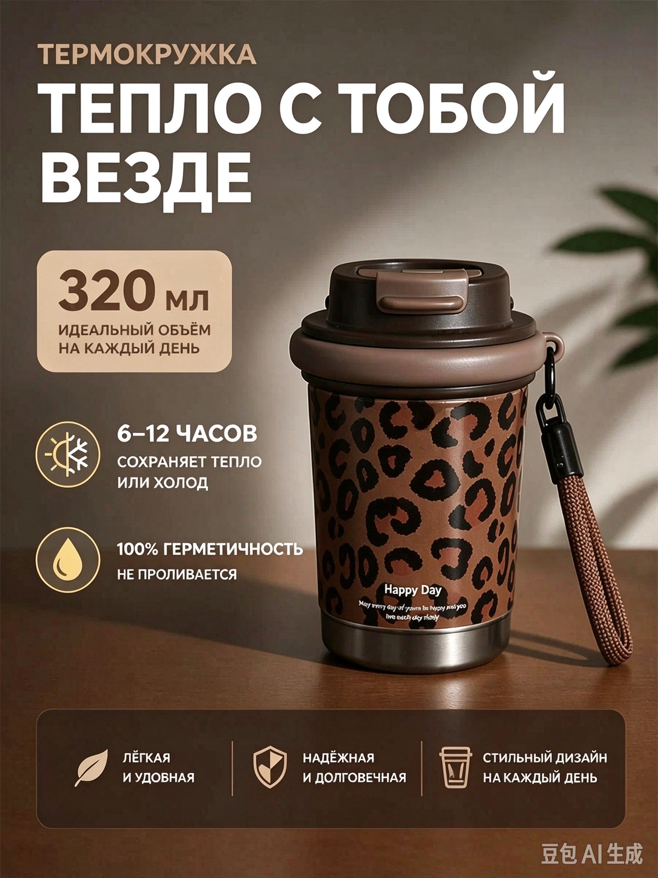 Термокружка 320 мл, кофе в дорогу, с крышкой, сохранение тепла 6–12 часов, герметичная, с милым подвеском