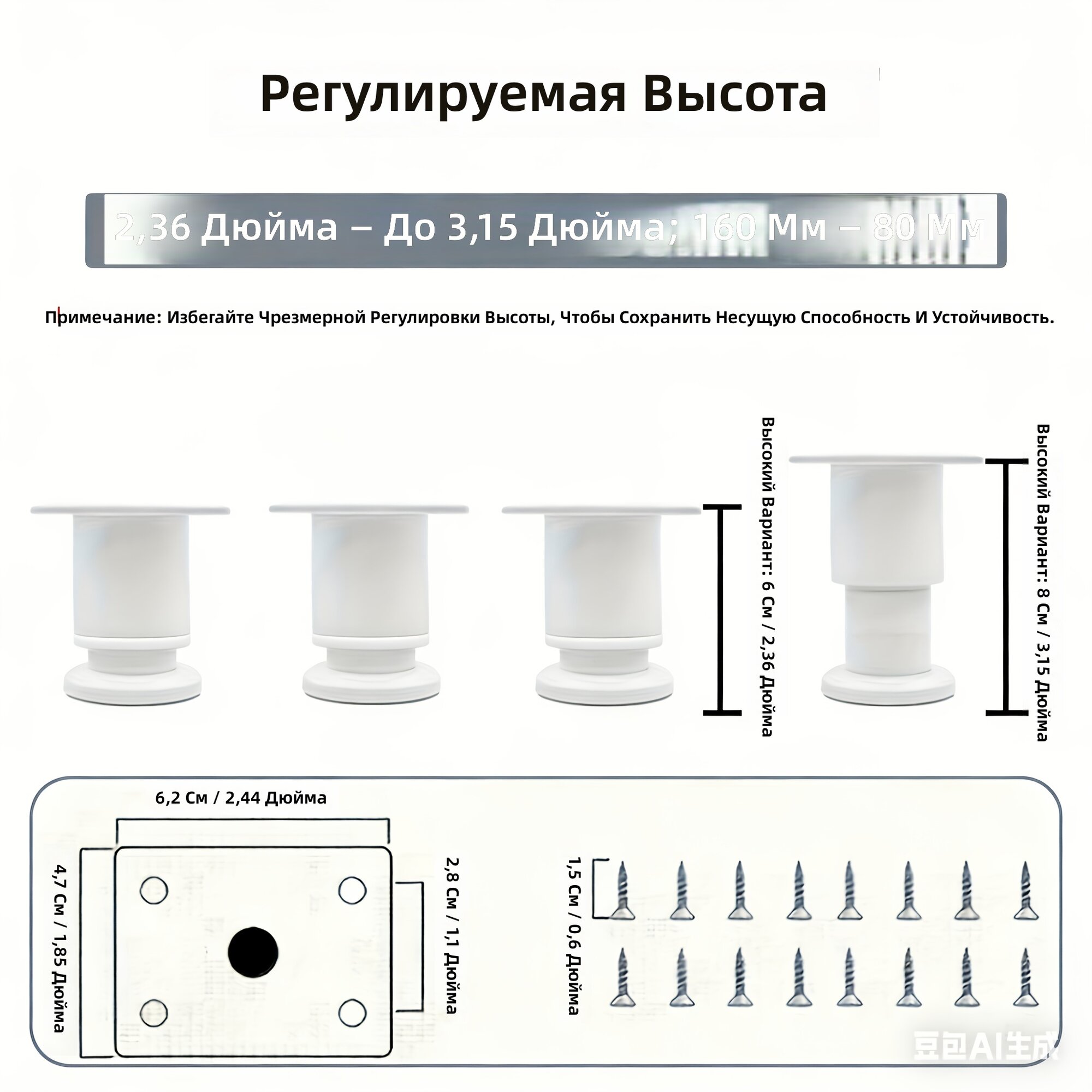 Ножки для мебели регулируемые из нержавеющей стали, комплект 4 шт, цвет белый, регулировка высоты 6–8 см, с винтами и противоскользящим основанием