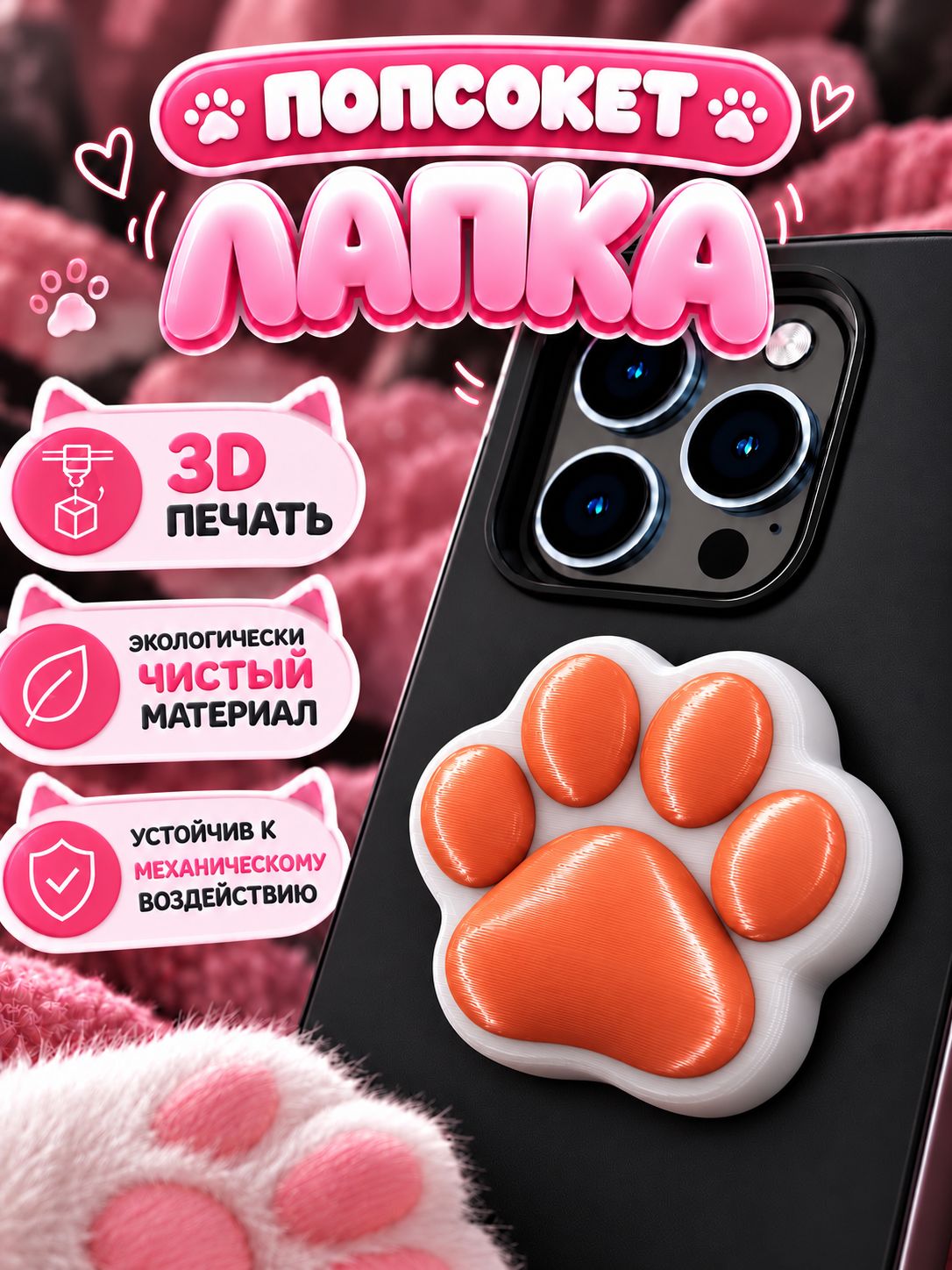 Попсокет для телефона Лапка котика