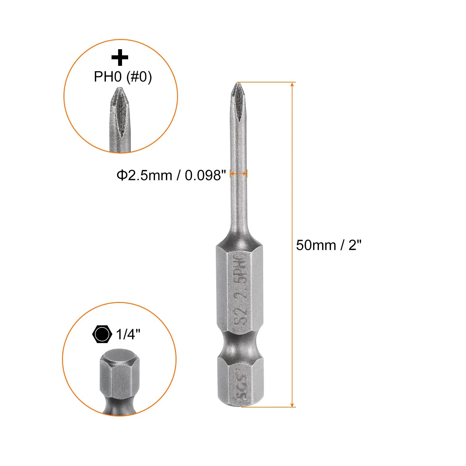 Насадки для отвертки UXCELL крестовые PH000 PH00 PH0 PH1 PH2 PH3 сталь 50 мм 10pcs, PH0 2.5mm Rod
