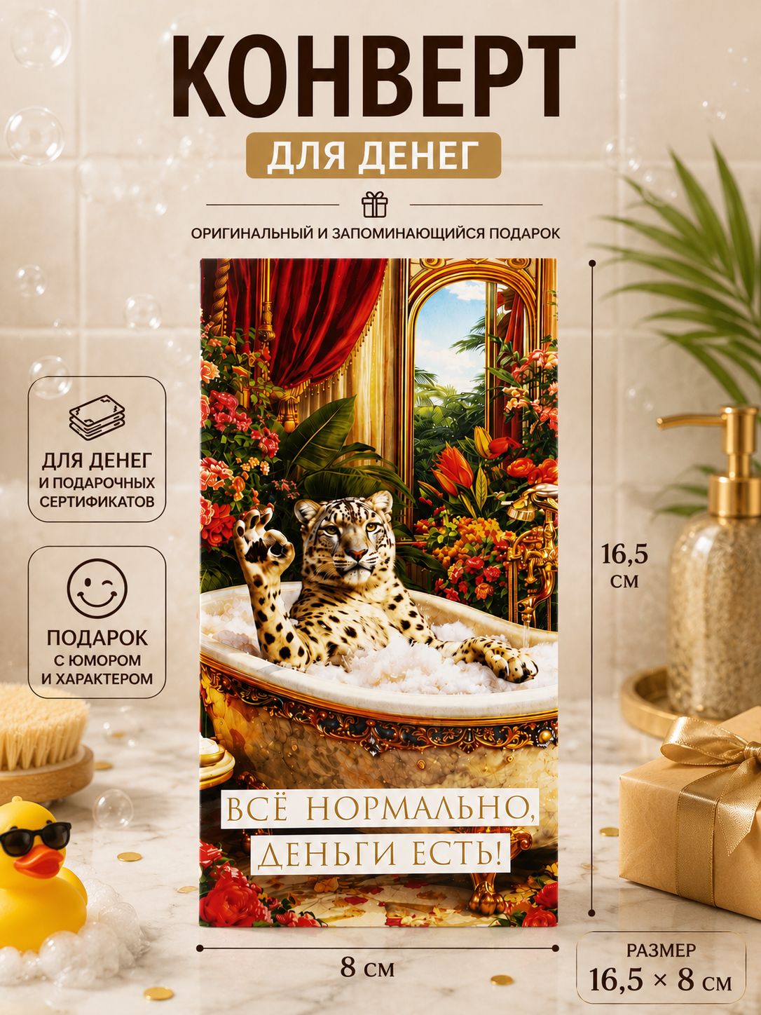 Конверт для денег "Всё нормально, деньги есть!" 16,5х8 см, прикольный подарочный конверт с леопардом для денежного подарка