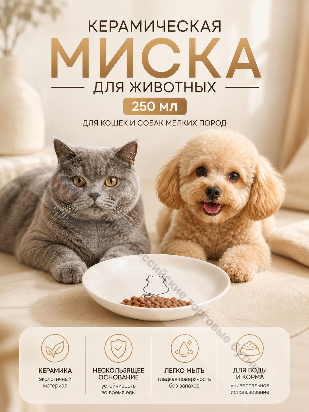 Миска для кошек, для собак мелких пород, миска для кошек керамическая, 250 мл, 15х2.9 см