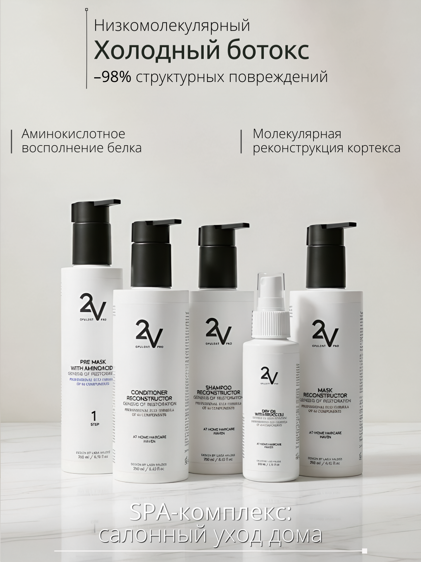 PRO-5: Профессиональный холодный ботокс для волос набор 2V OPULENT PRO в домашних условиях 1050 мл