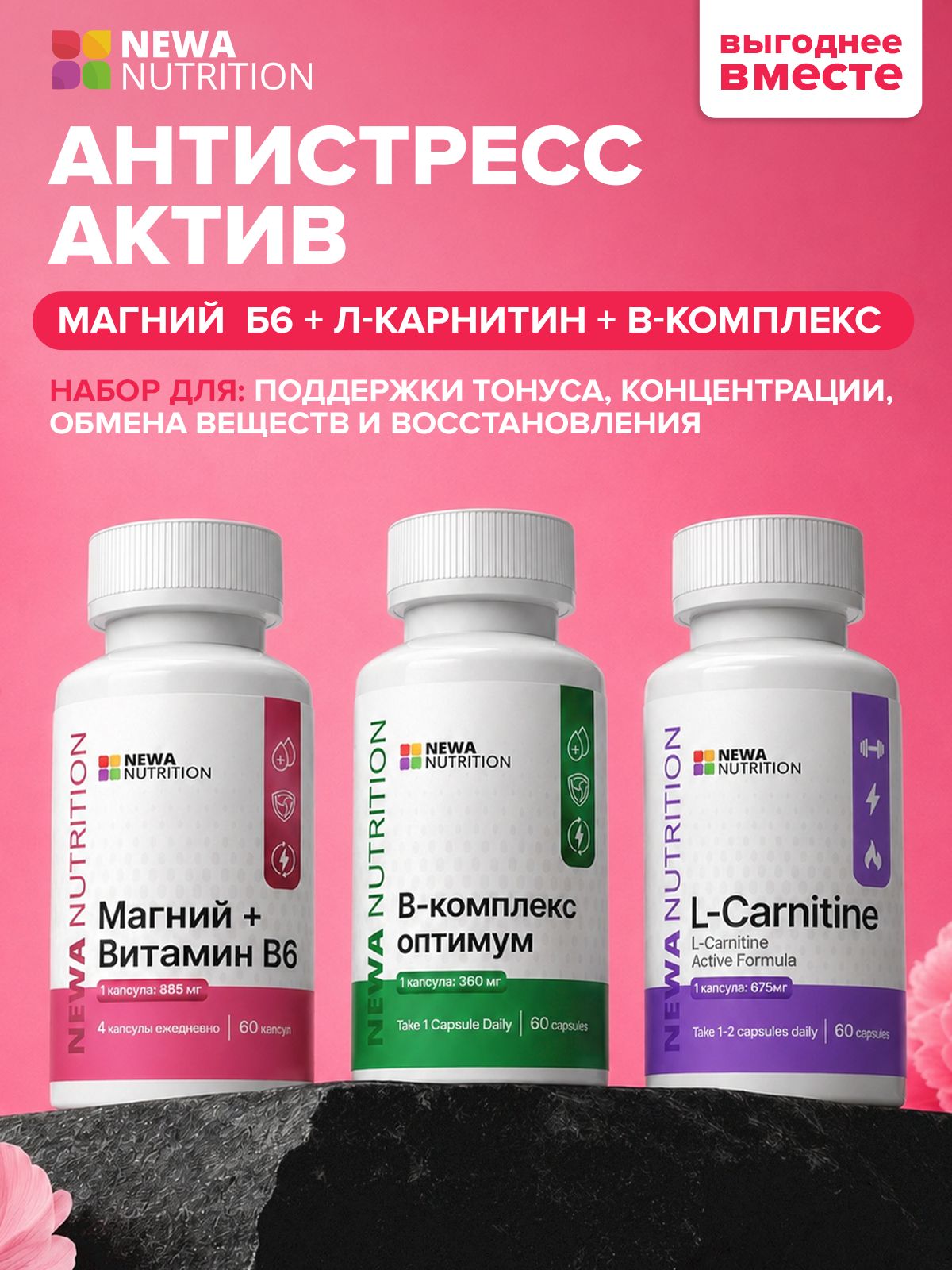 Набор для похудения, концентрации, энергии и ясности ума Newa Nutrition, Б-комплекс 60капс, Магний Б6 60капс, Л-карнитин 60 капсул