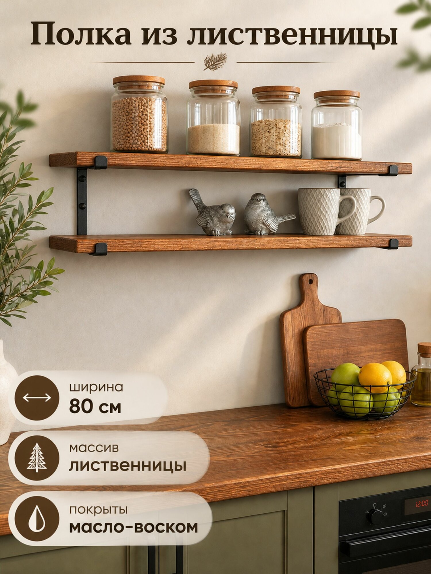 Полка деревянная прямая из массива дерева лиственницы двойная для кухни, ванной, 12*80*17 см
