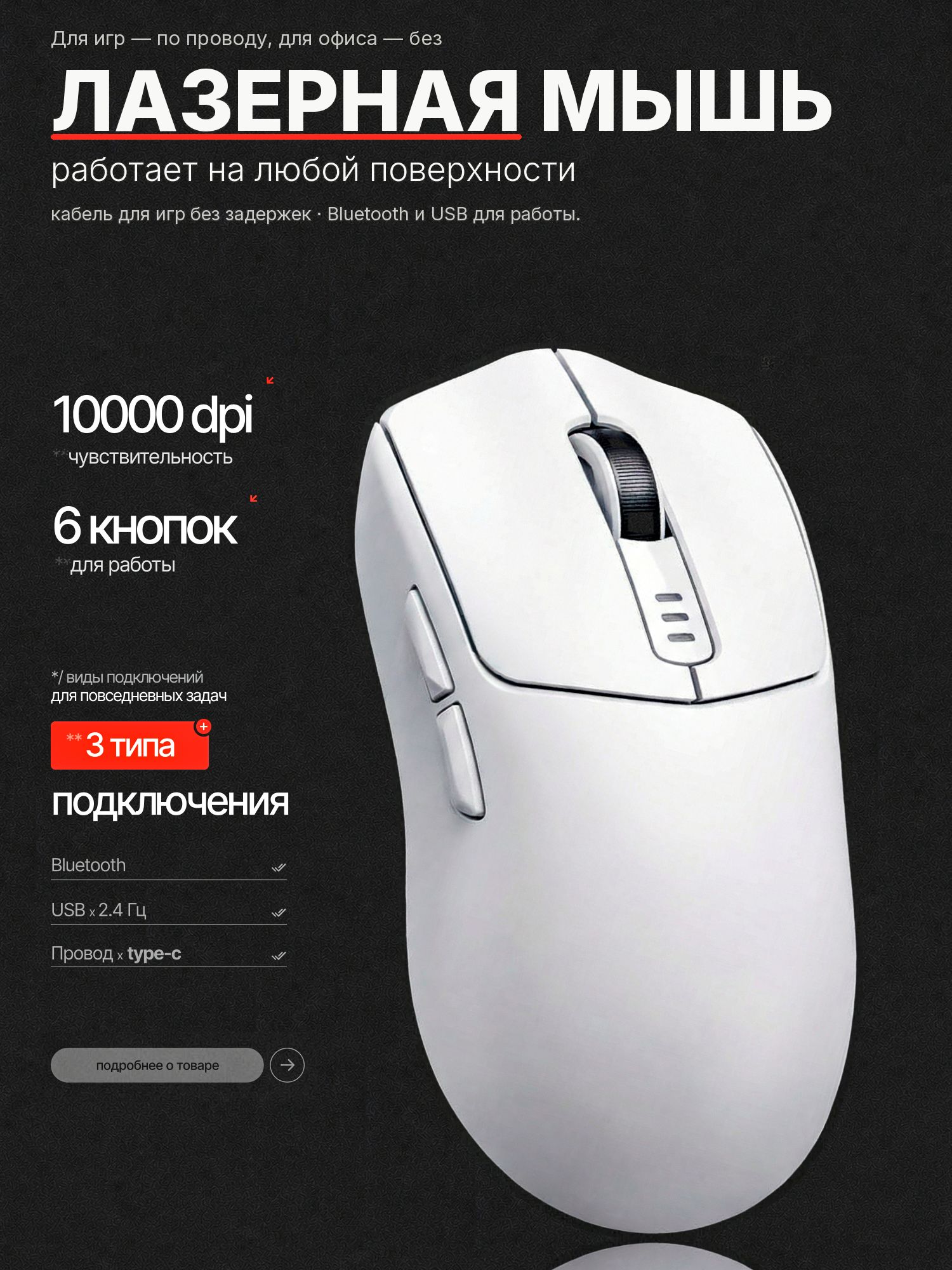 Мышь лазерная компьютерная для ноутбука и ПК, белая
