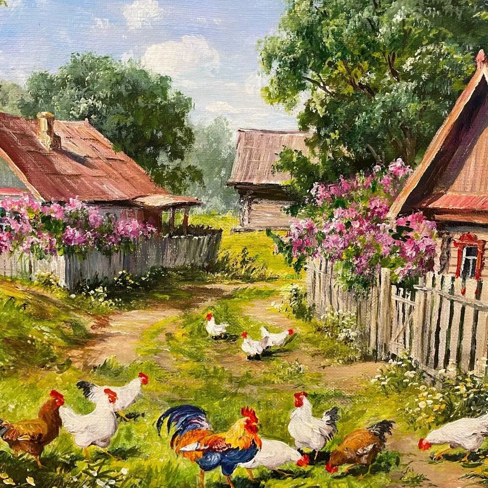 Картина по номерам на холсте с подрамником 40х50 Деревня. Куры. Деревенский пейзаж. Природа. Цветы.