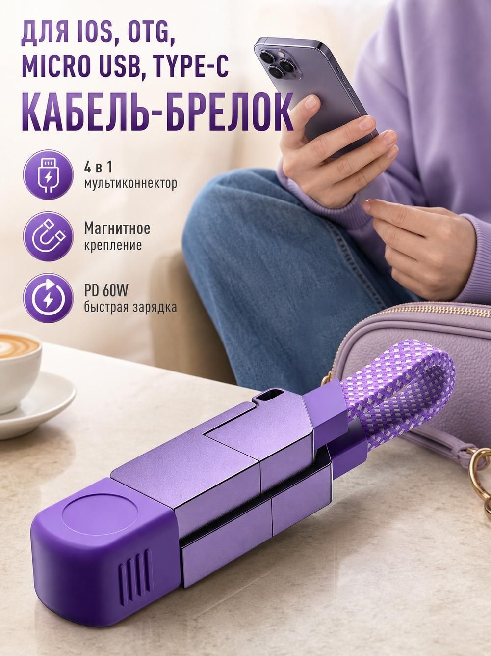 Универсальный короткий кабель для быстрой зарядки 60W / 480 Мбит в сек / переходник - брелок для ключей (Lightning, TYPE-C) / шнур для айфон, андроид и портативных устройств