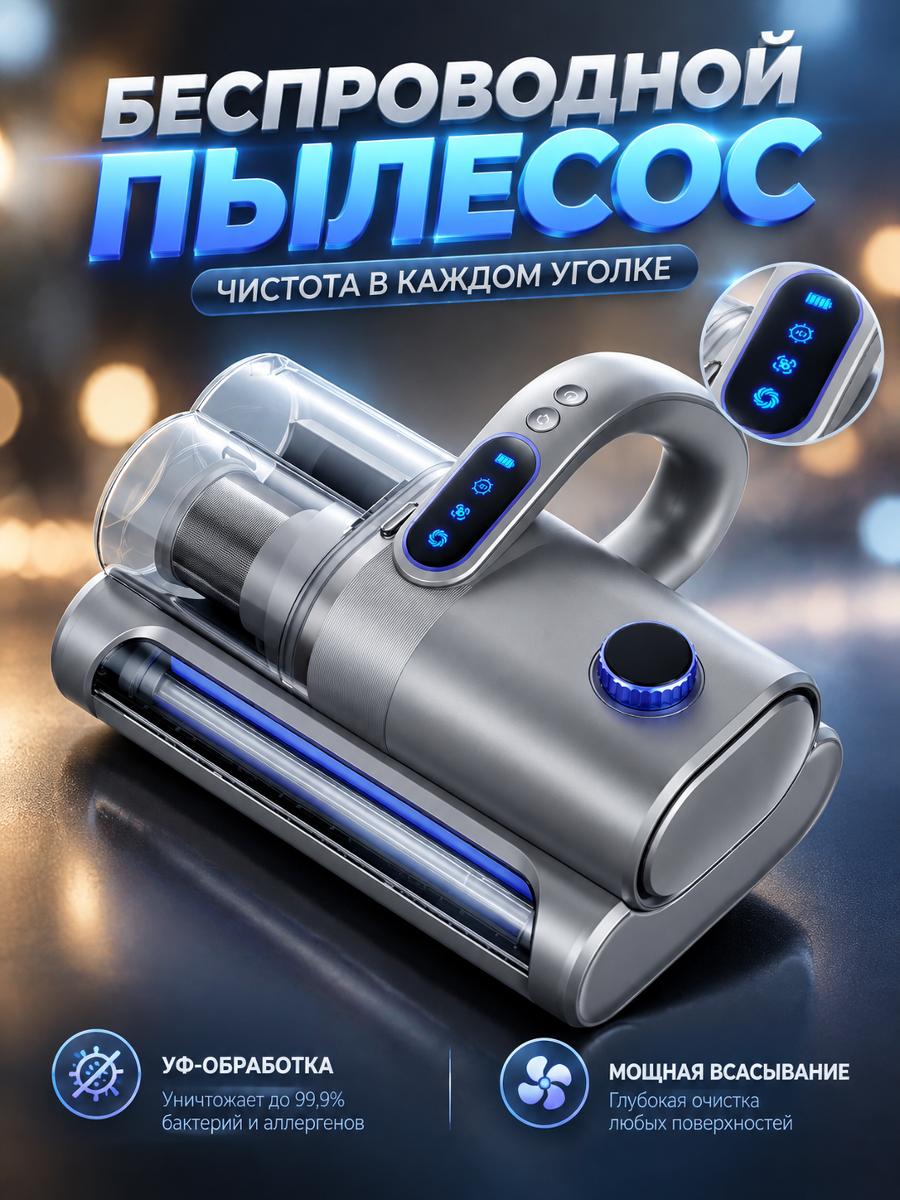Пылесос для матраса (пылесос) ручной, УФ-лампа, ароматизация, серый, 2 насадки