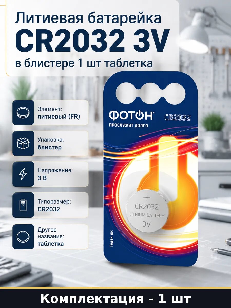 Литиевая батарейка CR2032 3V в блистере 1 шт таблетка