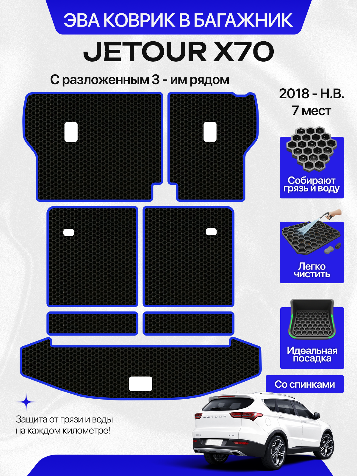 Эва коврик в багажник и на спинки сидений для JETOUR X70 2018-н. в. 7 мест, С разложенным 3-им рядом, черный с синим кантом ( Джетур Х70 , Жетур Х 70 , Джетур Икс 70 ) Eva, Ева