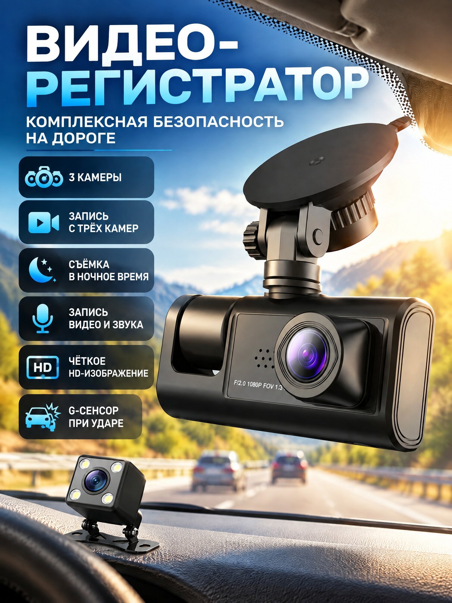 Видеорегистратор автомобильный Black Box 3 в 1 Super HD 1296 P /камера заднего вида
