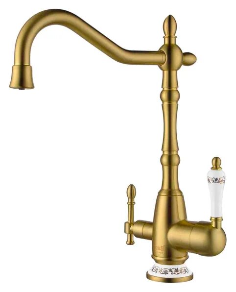 Смеситель для кухни Zorg Sanitary ZR 312 YF-50-BR с краном для питьевой воды, с поворотным изливом, бронзовый, глянцевый, однорычажный, с керамическим ка
