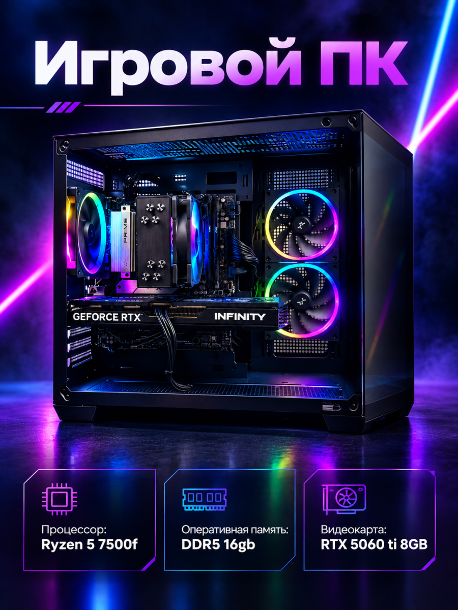Мощный игровой компьютер RYZEN 5 7500F/ DDR5 16GB/RTX 5060 TI/SSD 512gb