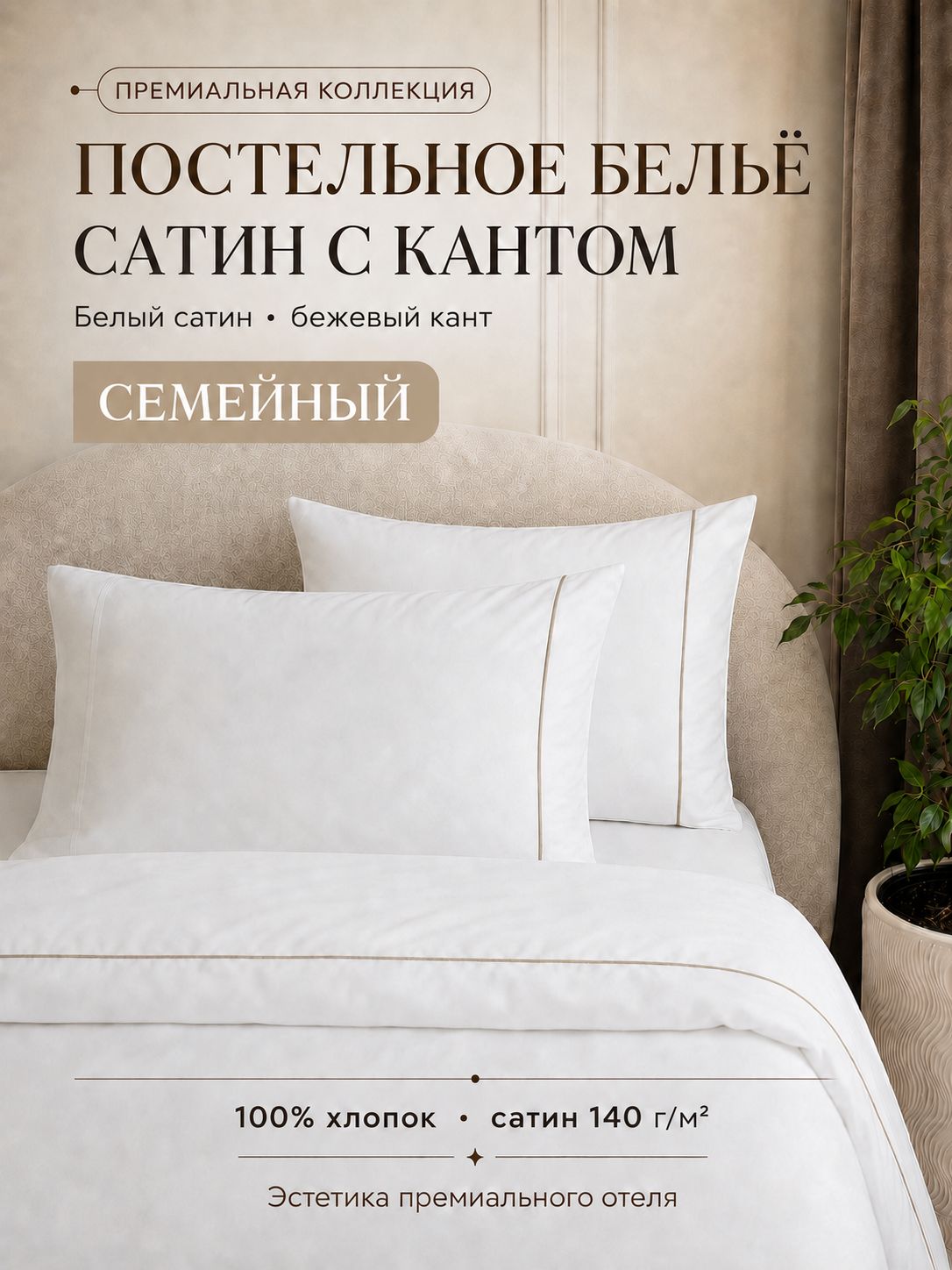 Постельное белье Семейное, сатин, белое с бежевым кантом с отступом, лунная ночь, пододеяльники 2 шт. 145x215, простыня на резинке 160x200x40, наволочки 2 шт. 50x70, хлопок 100%