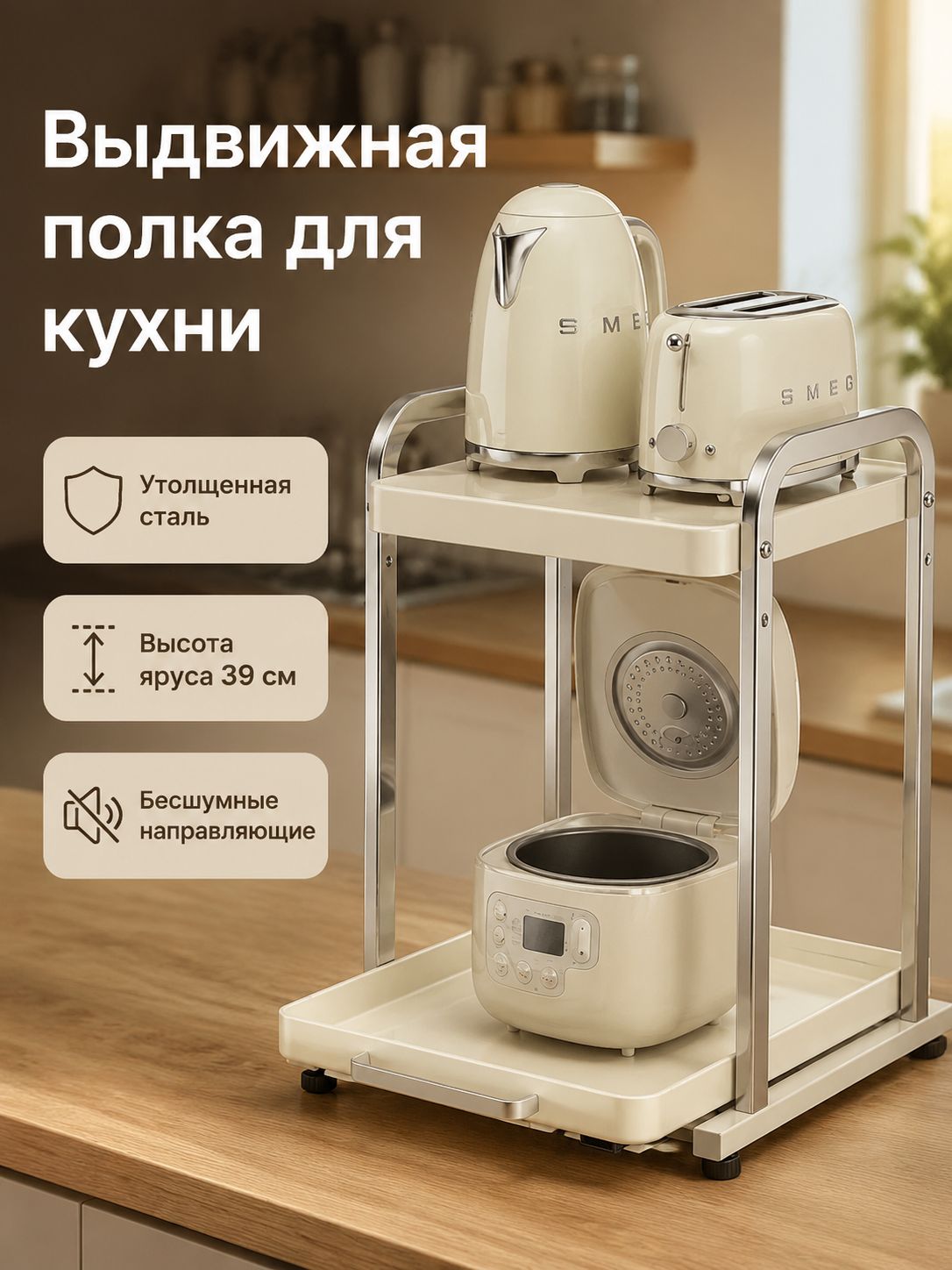 Кухонная полка для микроволновки с выдвижным подносом, нержавеющая сталь, 32 см, белый