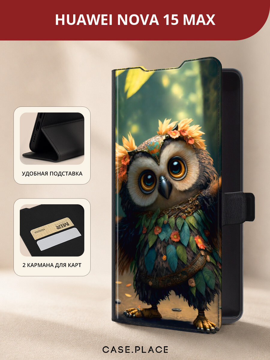 Чехол-книжка на Huawei Nova 15 Max / Хуавей Нова 15 Макс с принтом Тропическая сова, черный