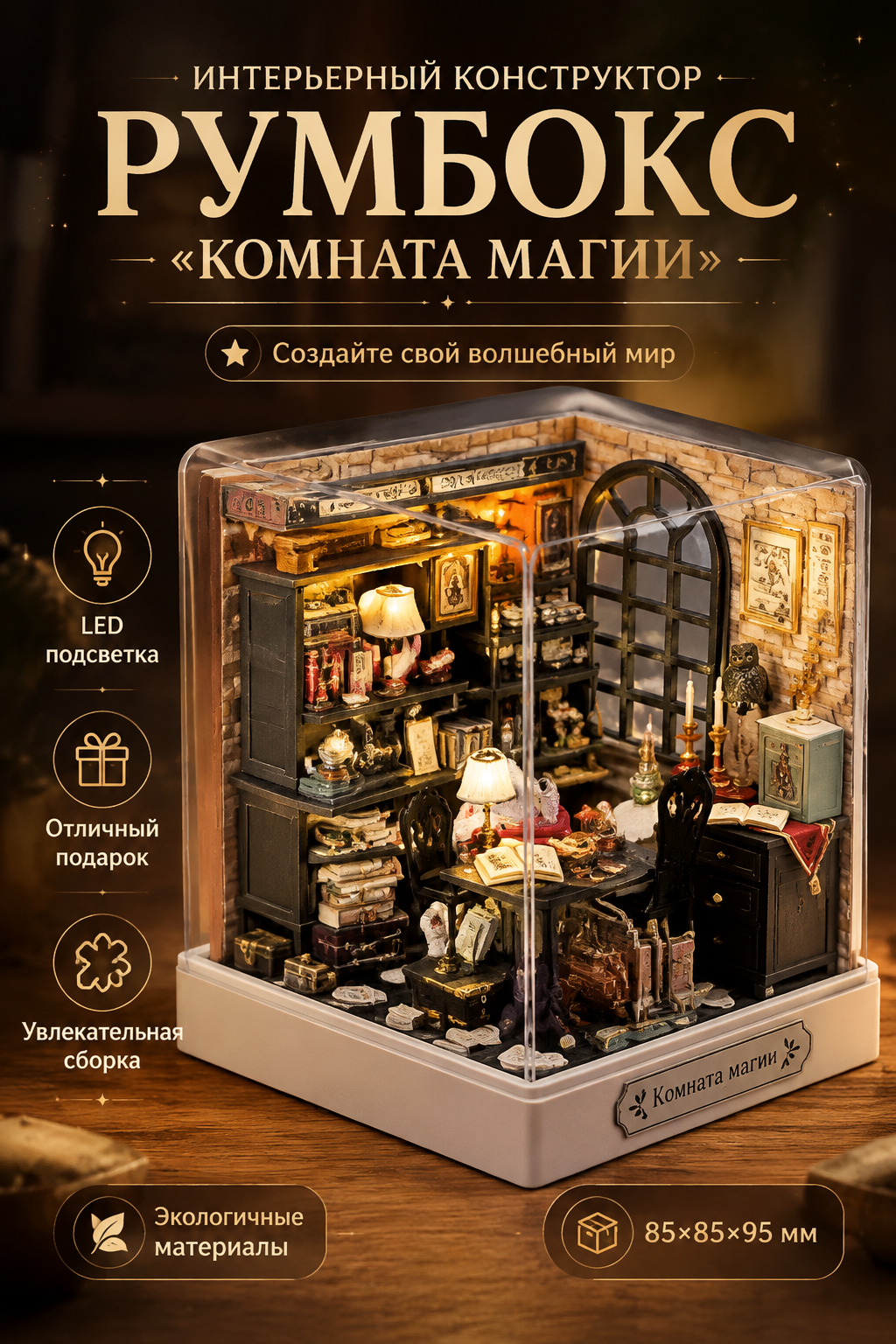 Интерьерный конструктор румбокс «Комната магии» с LED-подсветкой, сборная миниатюра 8,5×8,5×9,5 см, подарок