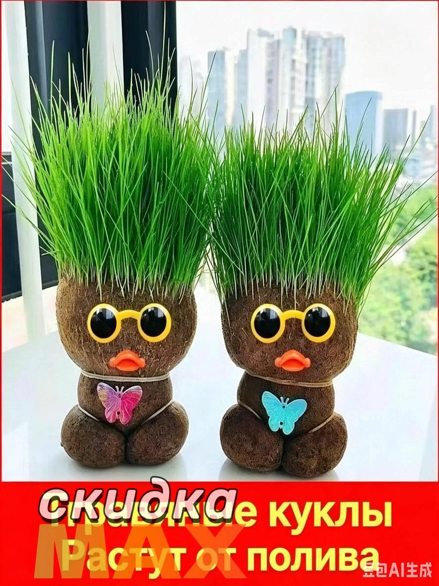 Кукла с травой: растёт при поливе2 куклы + 2 подставки + 1 пульверизатор