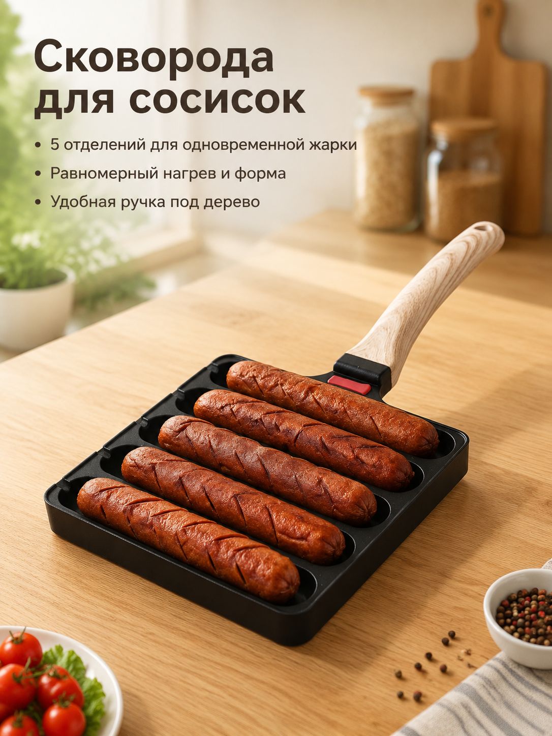 Сковорода для сосисок и яиц, прямоугольная, 5 секций, с антипригарным покрытием, черный