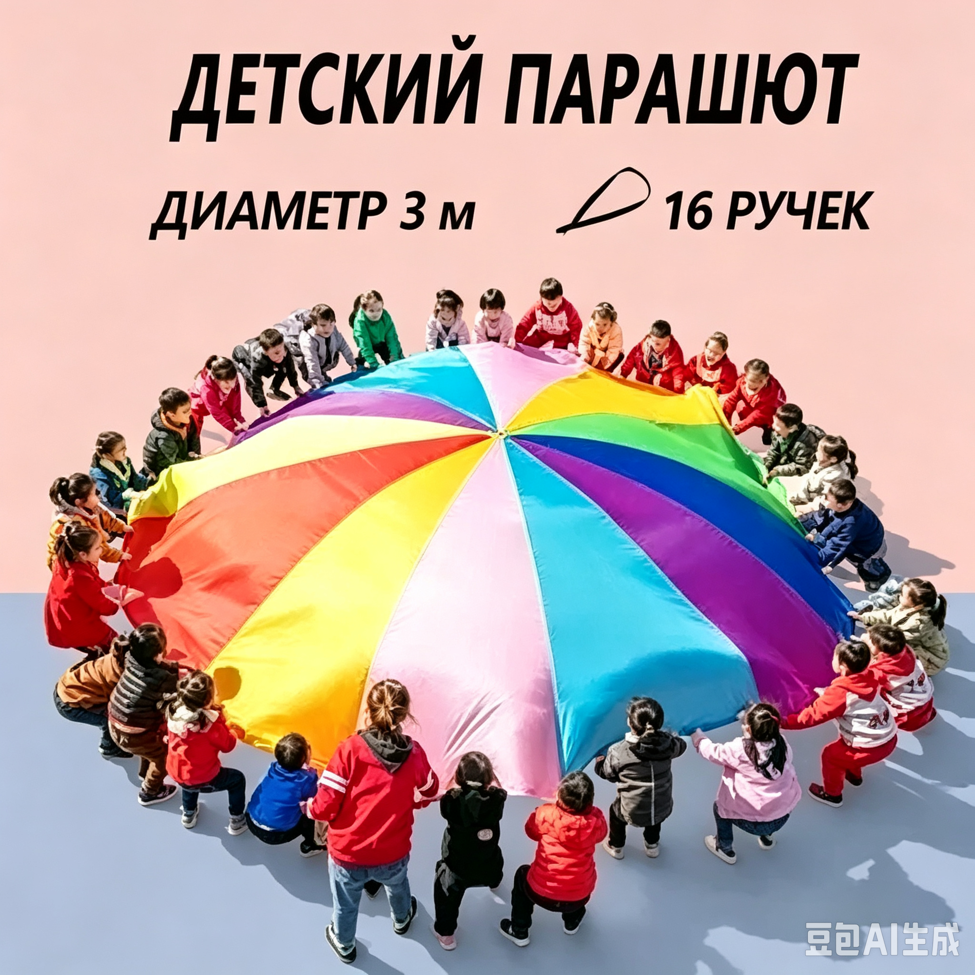 Детский игровой парашют 3 м, 16 ручек, для групповых игр на улице