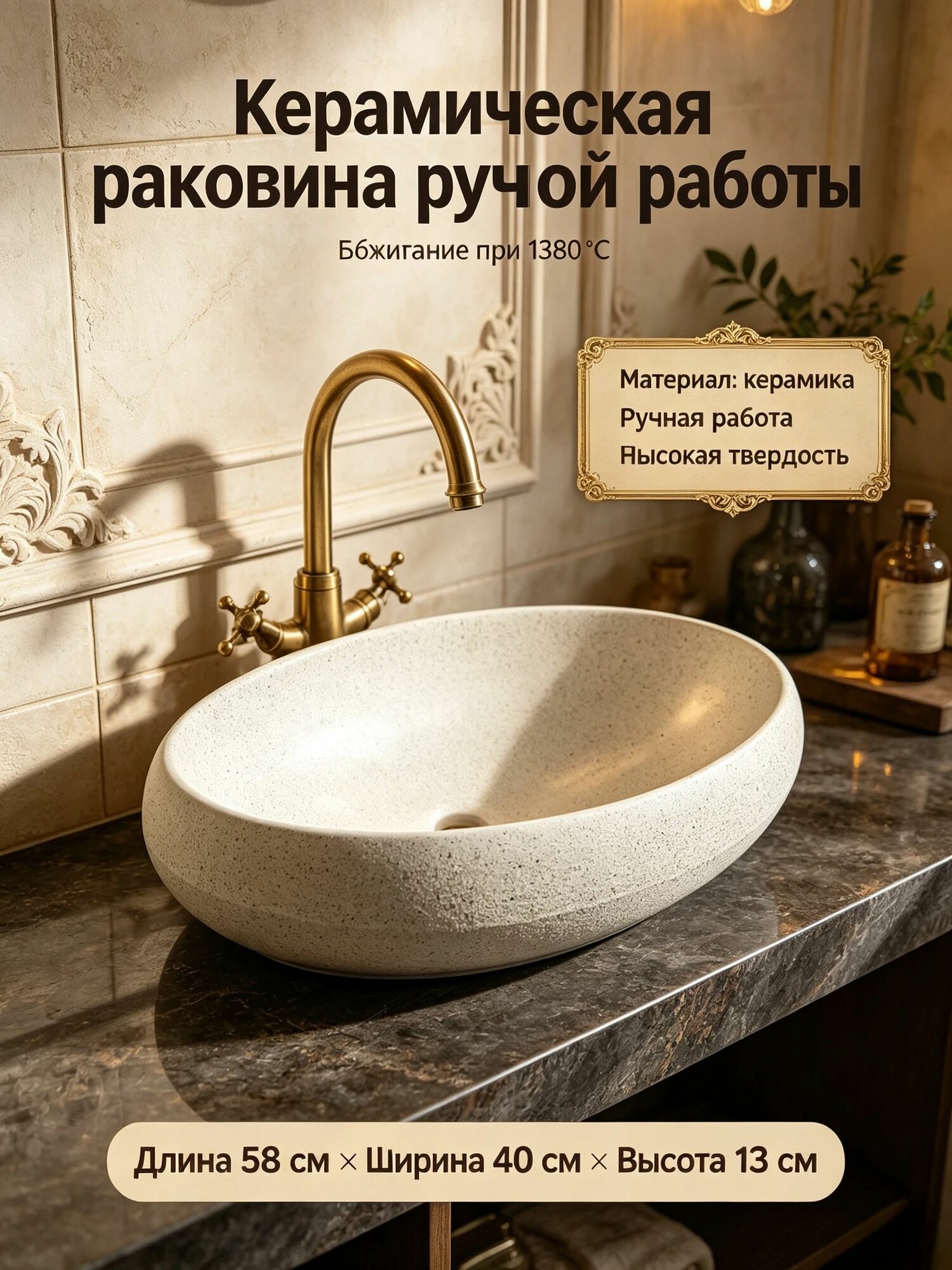 Накладная керамическая раковина овальная ручной работы 58х40х13 см, умывальник для ванной комнаты, 1380 обжиг
