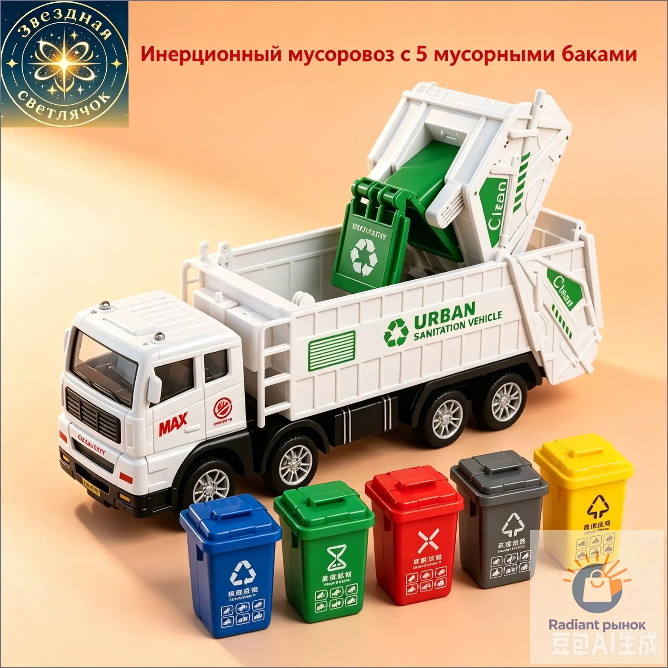 Инерционная машинка мусоровоз с разноцветными контейнерами