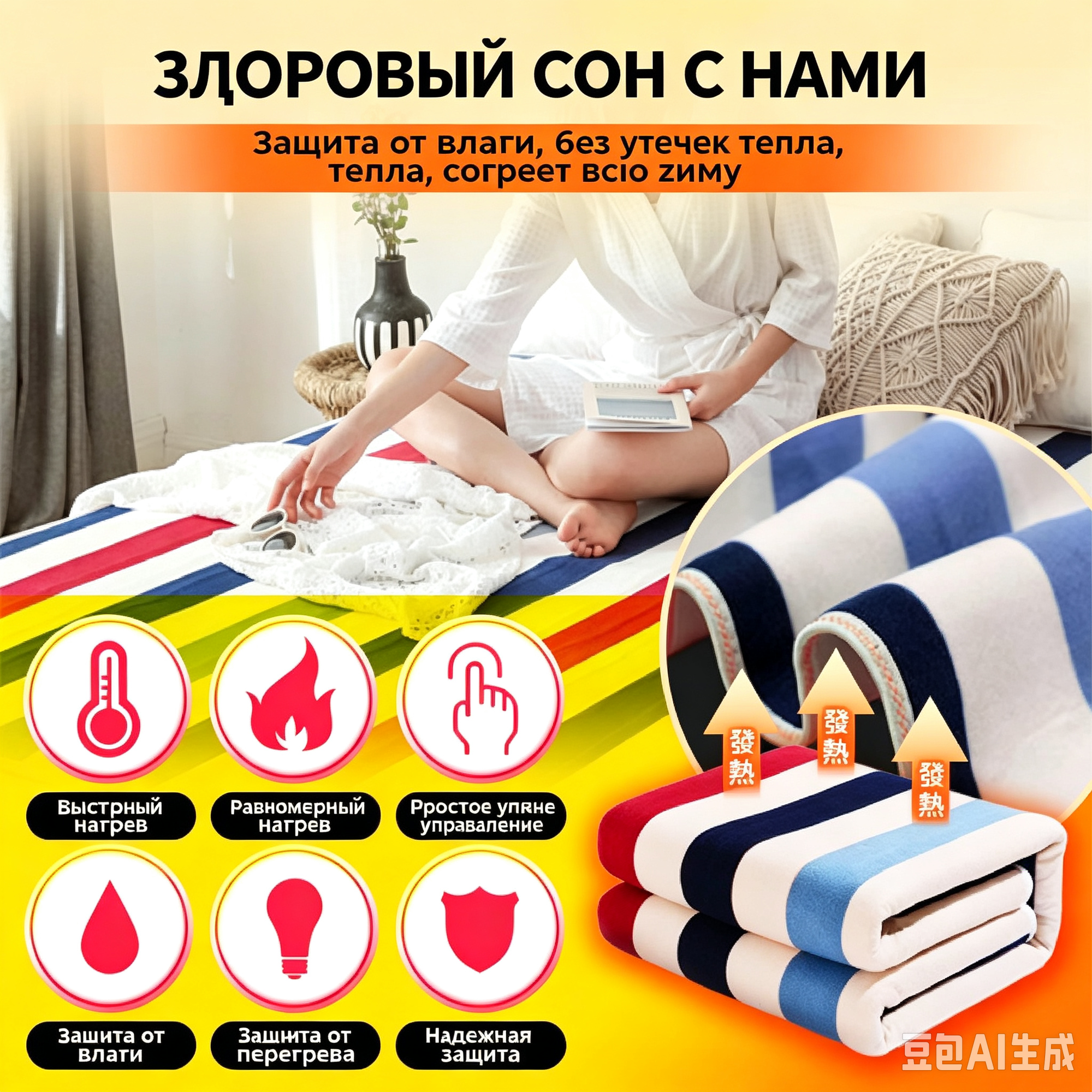 Электрическое одеяло в полоску 180х150 см, 220в60 Вт, с защитой от перегрева
