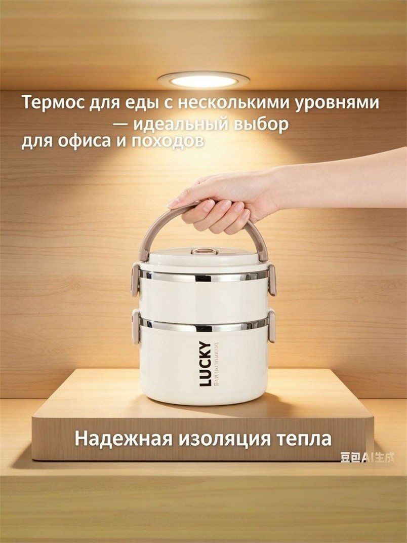 Термос 1.4 л, холод 3 ч, тепло 60 ч, для еды, вакуумный, светло-бежевый